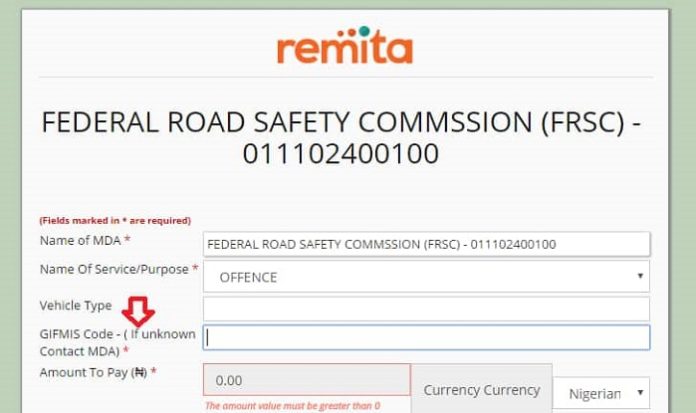 How to Generate GIFMIS Code For FRSC and Pay Using Remita